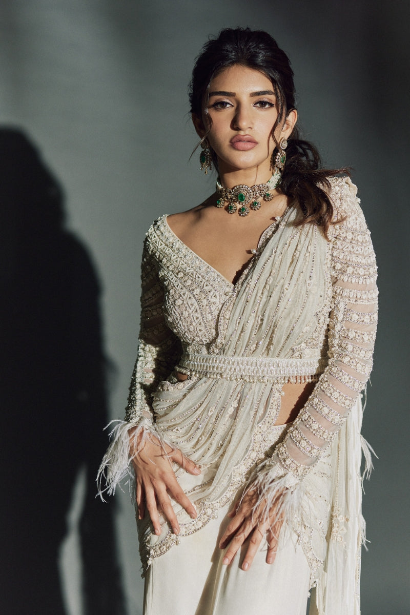 Sree Leela in Off-white Shimmer Drape Saree – Nitika Gujral