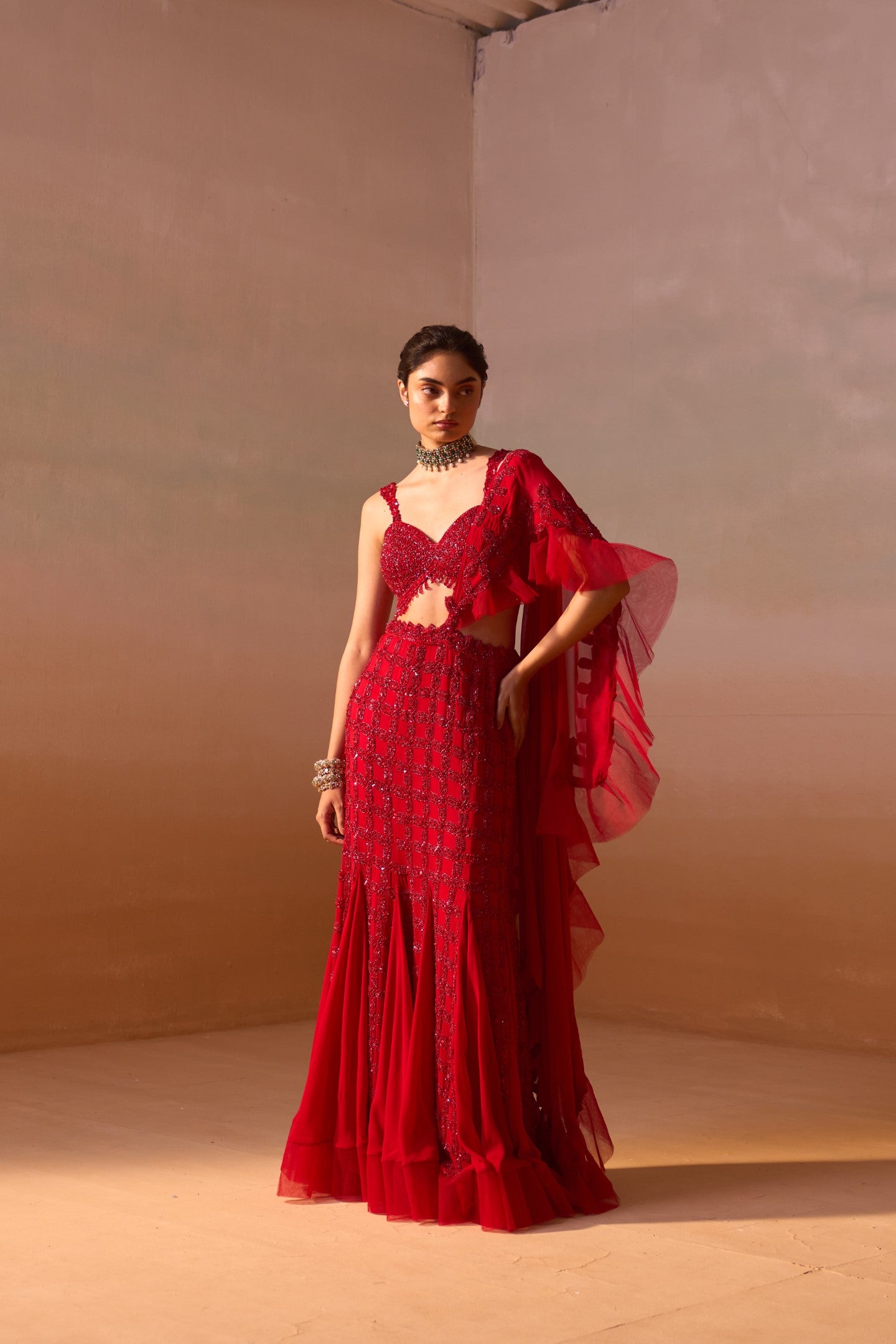 RED HEAVY DRAPED SAREE – Nitika Gujral