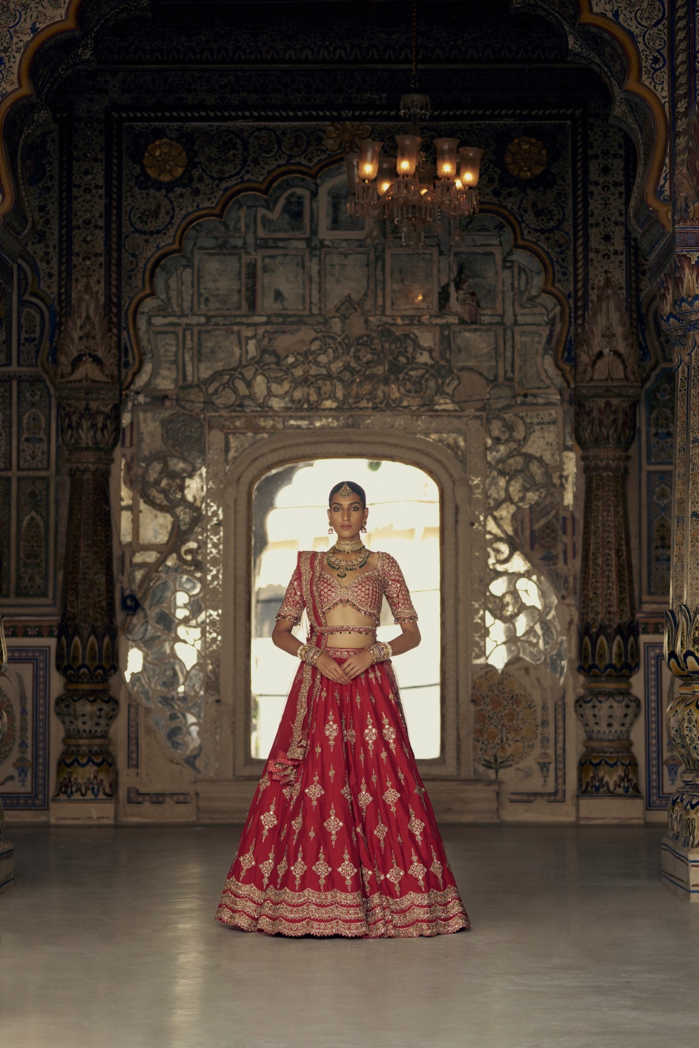 DEEP RED RAW SILK LEHENGA CHOLI SET WITH A TULLE DUPATTA – Nitika Gujral