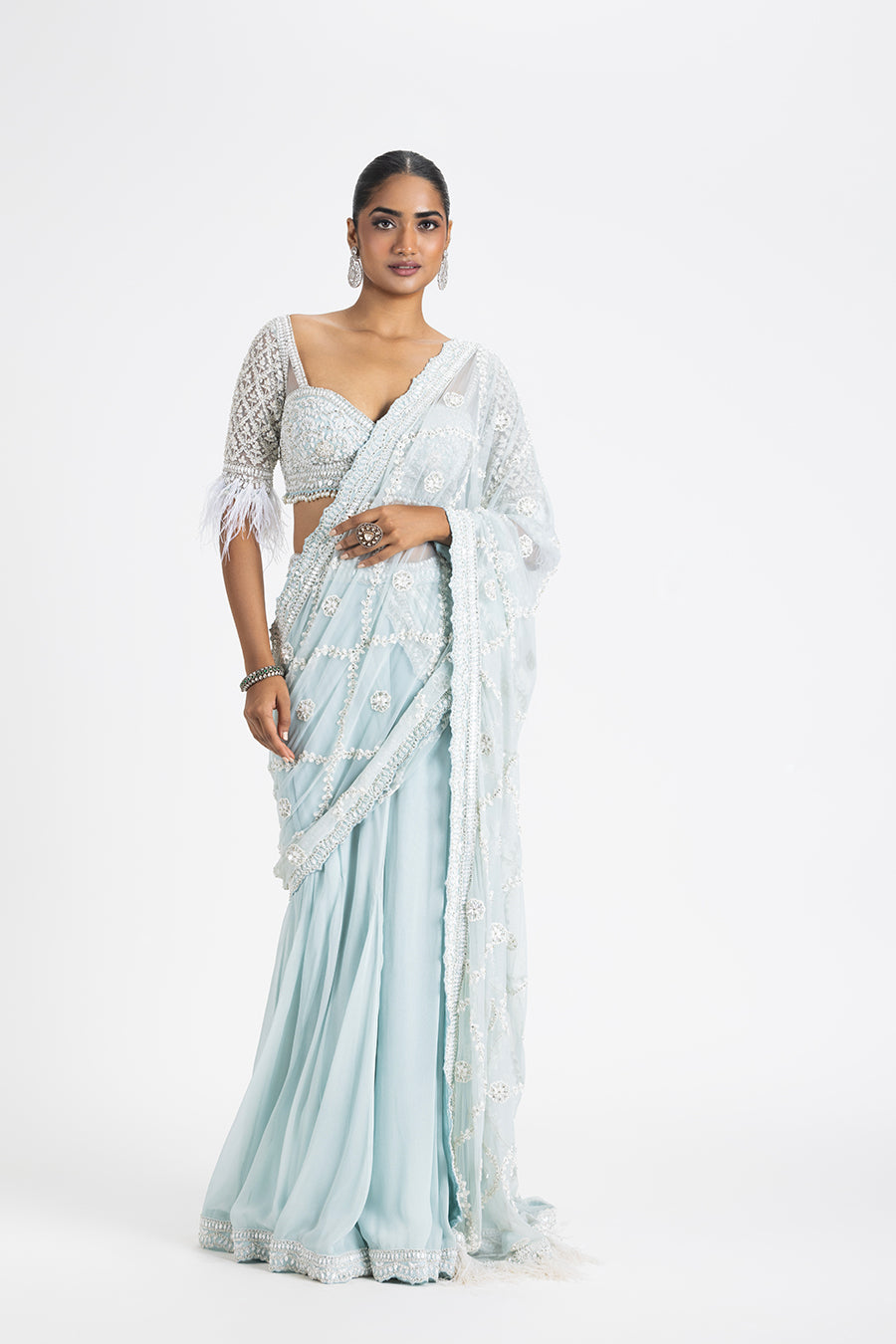 ICE BLUE SHIMMER GGT. DRAPED SAREE – Nitika Gujral