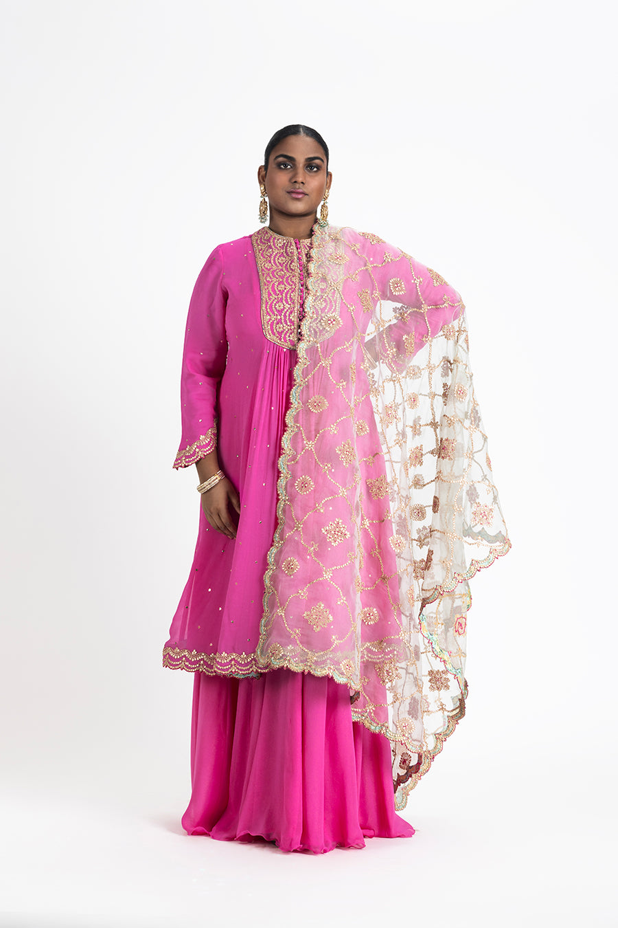 FUCHSIA KALIDAR AND SHARARA WITH AQUA ODHINI – Nitika Gujral